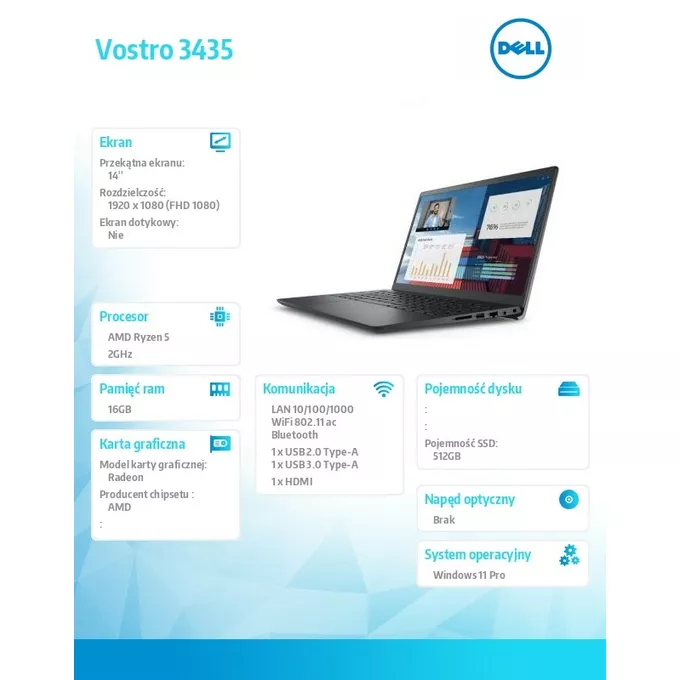 Dell Notebook Vostro 14 (3435) Win11Pro Ryzen 5 7530U/16GB/512GB SSD/14 ...
