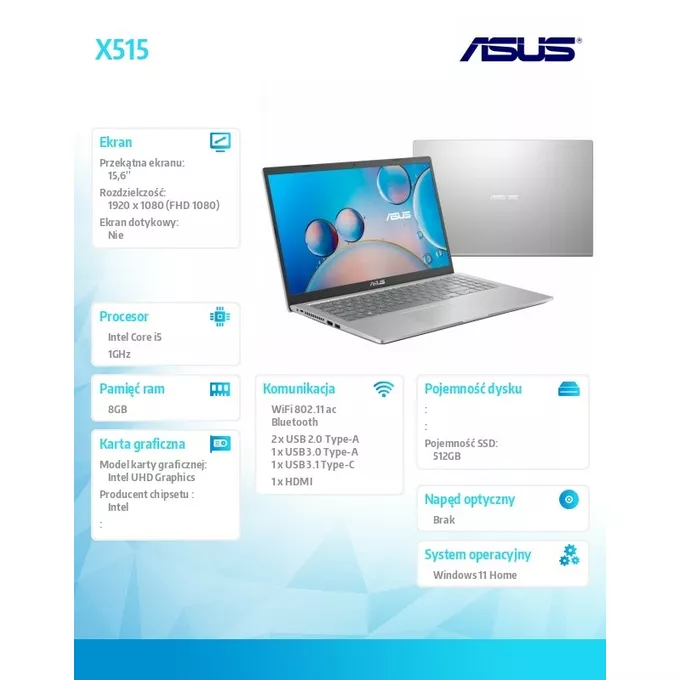 Asus Notebook X515 X515JA-BQ3209W i5-1035G1/8GB/512GB/Zintegrowana | Alsen.pl