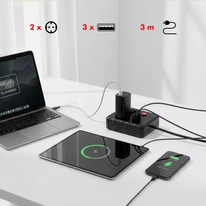 Maclean Listwa zasilająca MCE388 B 2 gniazda, 3xUSB, 110-120V AC 50 ...