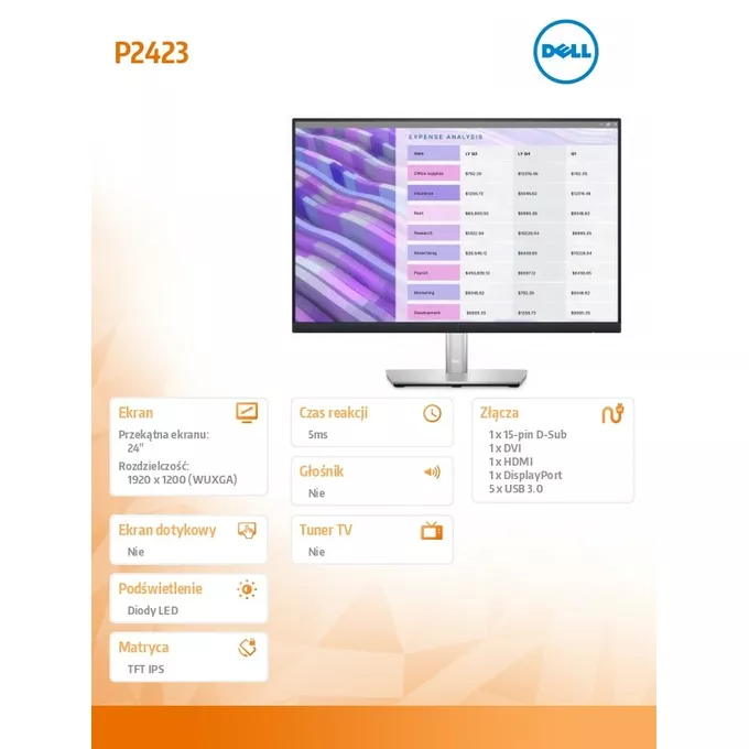 Dell Monitor P2423 24 cale IPS LED WUXGA (1920x1200)/16:10/HDMI/DVI/VGA ...